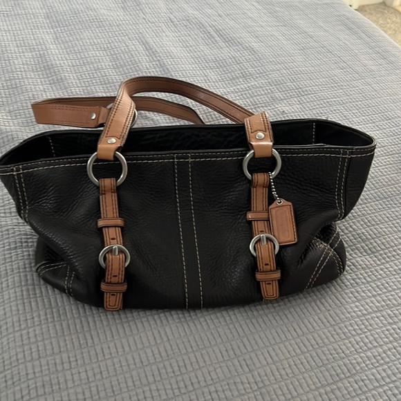 Bags | Coach Handbag With A Purple Fabric Liner Brown Leather Zipper ...